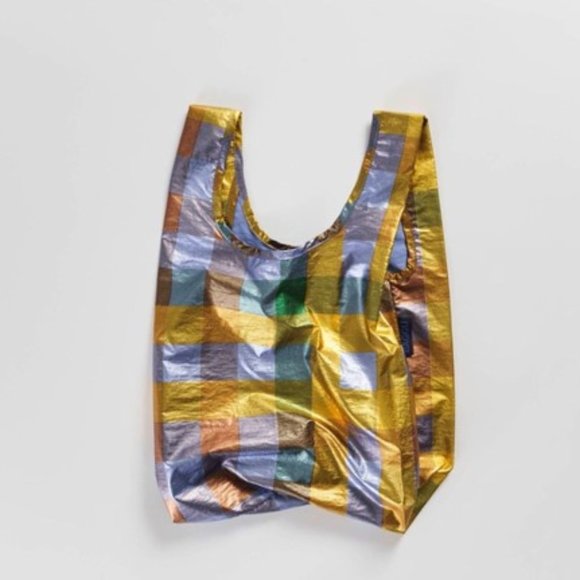 BAGGU | Bags | Nwt Baby Baggu Madras Metallic Tote Bag Gold Purple ...